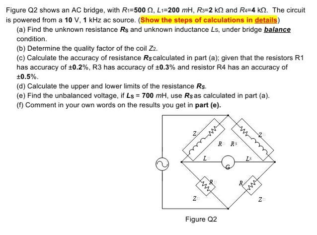 Solved Figure Q2 shows an AC bridge, with R1=5002, L1=200 | Chegg.com