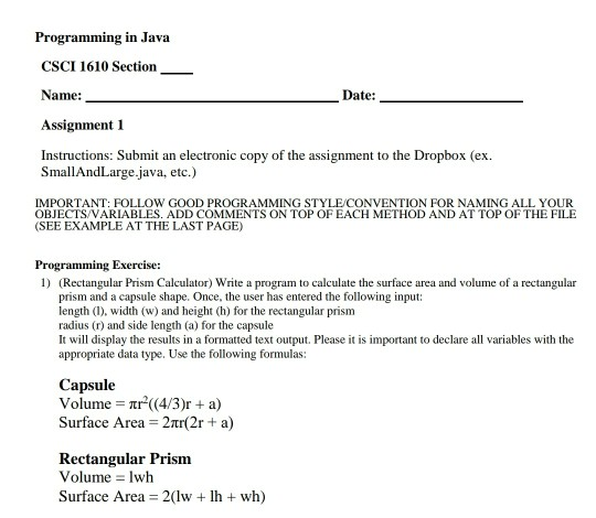 Solved Programming In Java Csci 1610 Section Name Date 2453