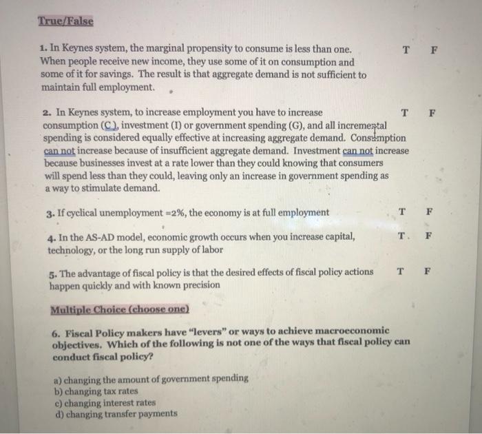 Solved True/False TF 1. In Keynes system, the marginal | Chegg.com