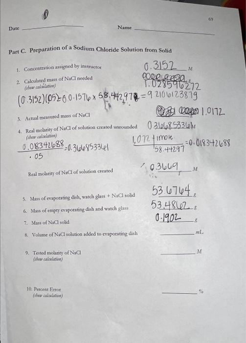 Name rt C. Preparation of a Sodium Chloride Solution | Chegg.com