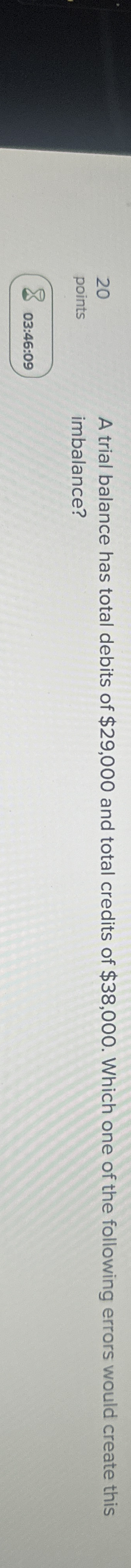 Solved 20A trial balance has total debits of $29,000 ﻿and | Chegg.com