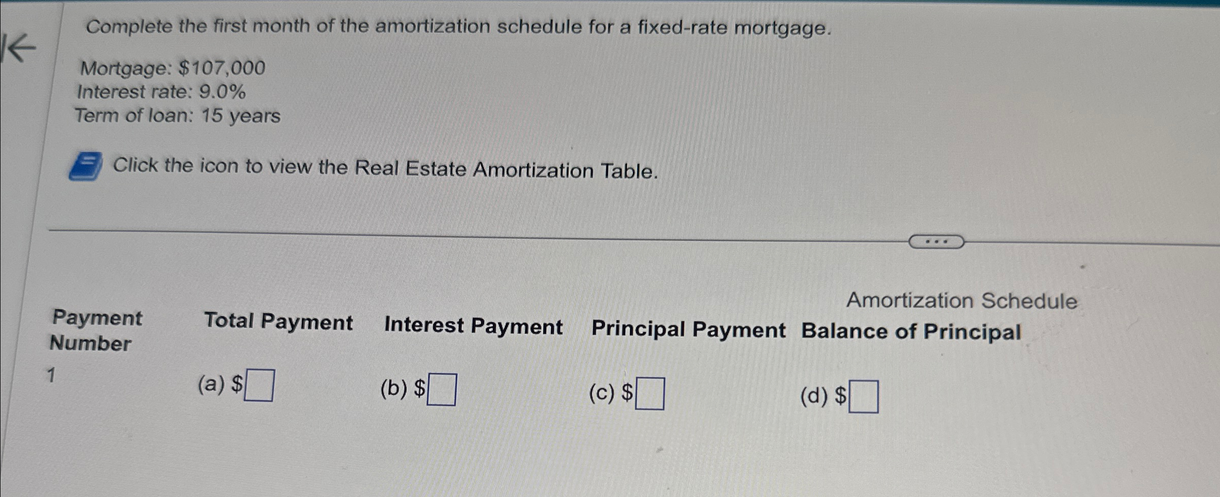 Solved Complete the first month of the amortization schedule | Chegg.com