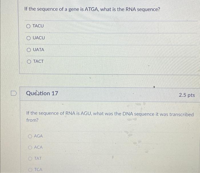 Solved If the sequence of a gene is ATGA, what is the RNA | Chegg.com