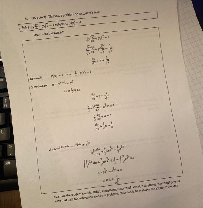 Solved 5. (15 points) This was a problem on a student's | Chegg.com