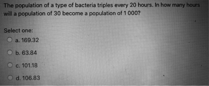 Solved The population of a type of bacteria triples every 20 | Chegg.com