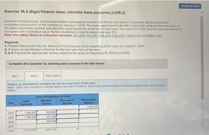 Solved Exercise 15-2 (Algo) Finance lease; calculate lease | Chegg.com