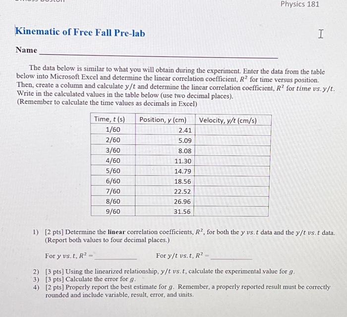 Kinematic of Free Fall Pre-lab Name Time, t (s) 1/60 | Chegg.com