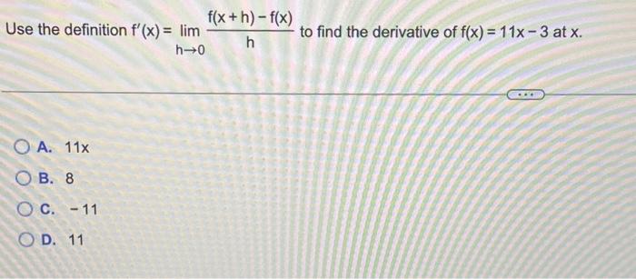 Solved Use the definition f′(x)=limh→0hf(x+h)−f(x) to find | Chegg.com