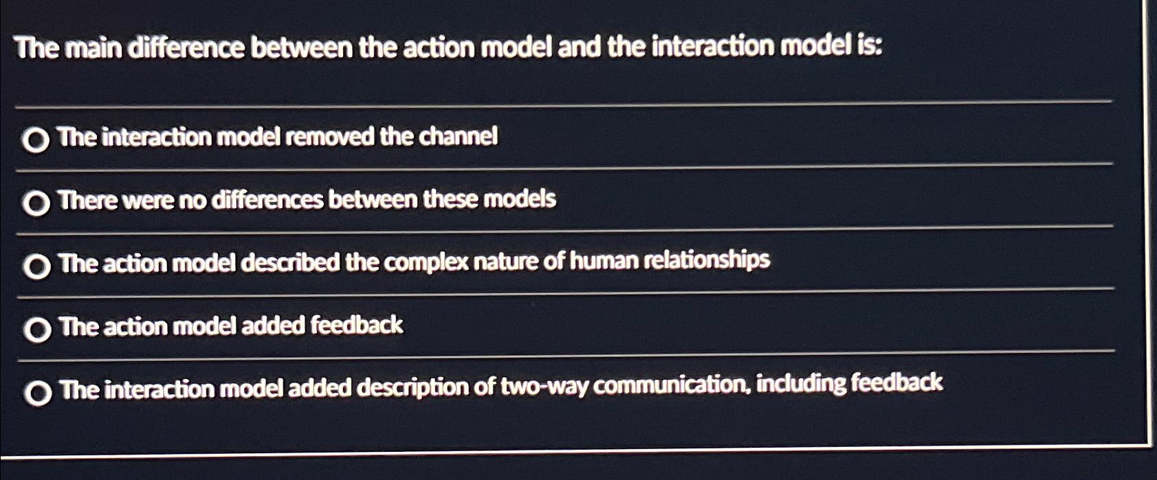 Solved The main difference between the action model and the | Chegg.com