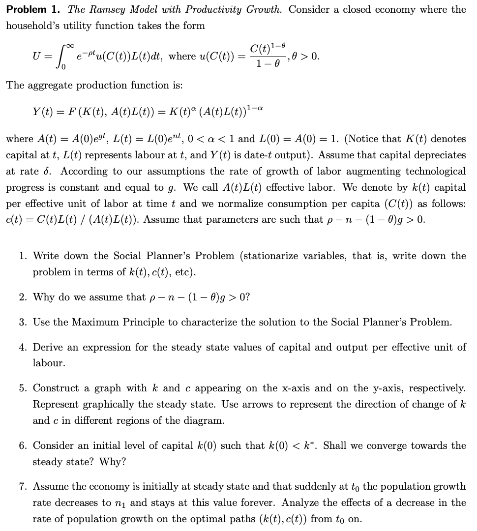 Solved Problem 1. ﻿The Ramsey Model with Productivity | Chegg.com