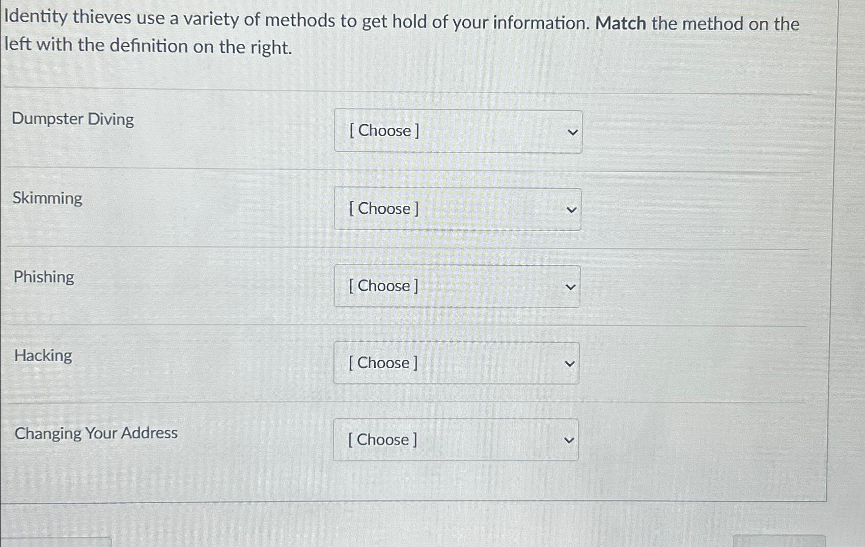 Solved Identity thieves use a variety of methods to get hold | Chegg.com