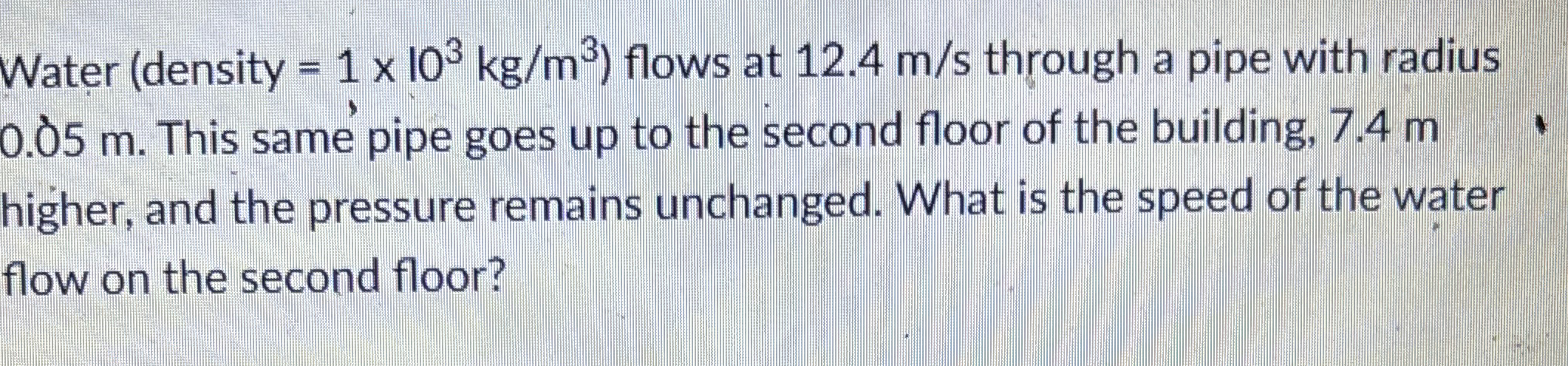Solved Water (density =1×103kgm3 ) ﻿flows at 12.4ms ﻿through | Chegg.com