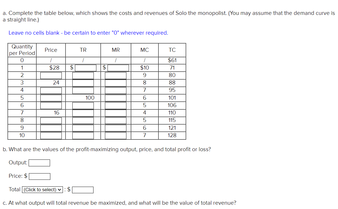 Solved a. Complete the table below, which shows the costs | Chegg.com