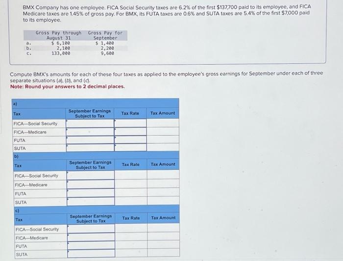 Solved BMX Company has one employee. FICA Social Security | Chegg.com
