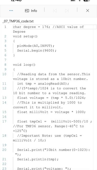 Solved _07_TMP36_code.txt //(b∗ temp) / / U 24 is to convert | Chegg.com