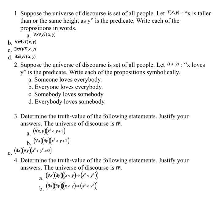 Solved 1. Suppose the universe of discourse is set of all | Chegg.com