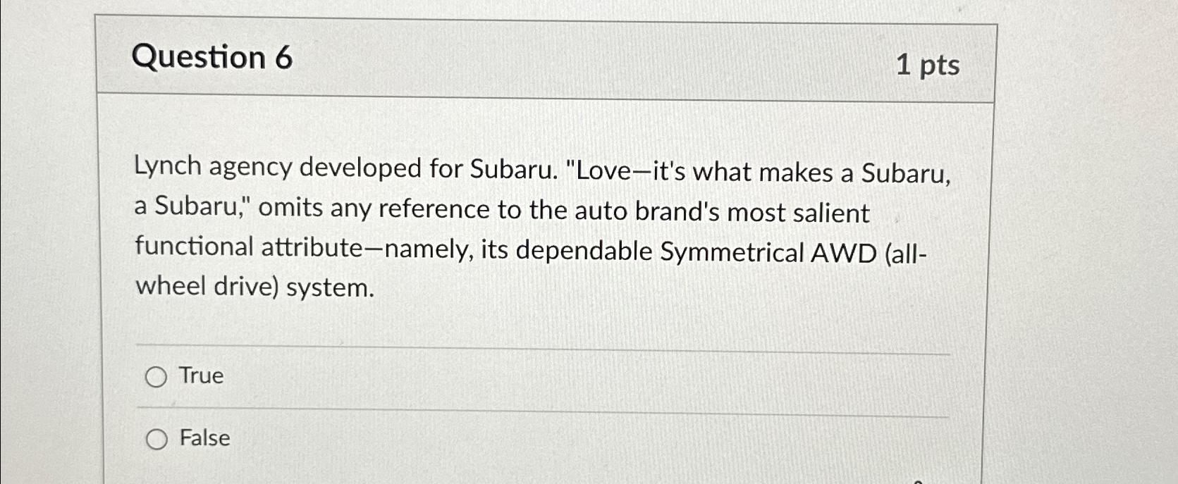 Solved Question 61 ﻿ptsLynch agency developed for Subaru. | Chegg.com