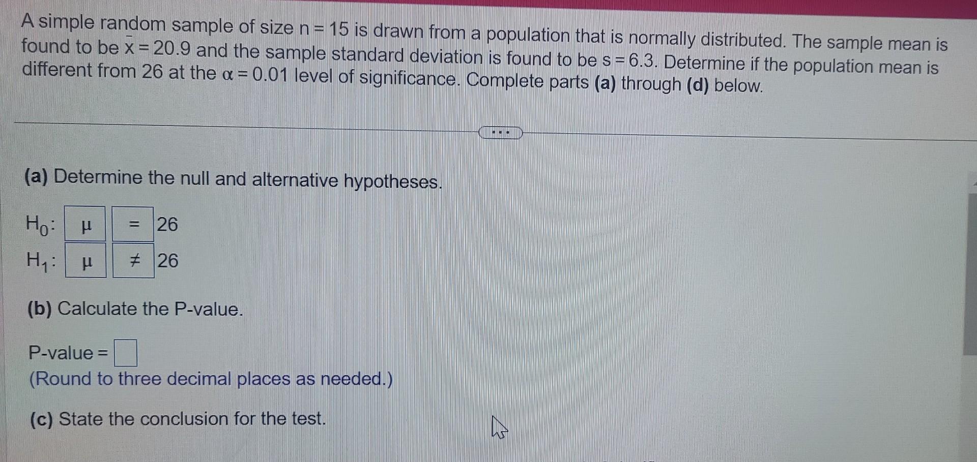 Solved A simple random sample of size n=15 is drawn from a | Chegg.com