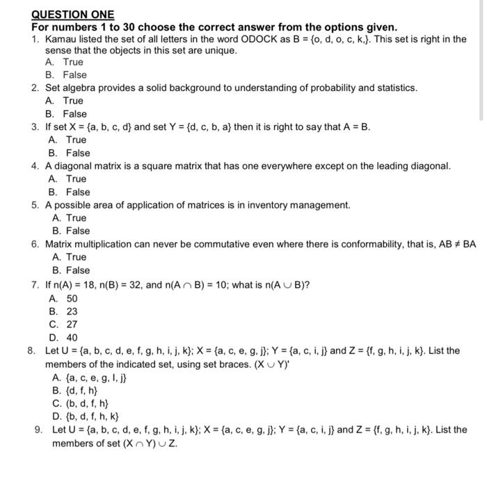 Solved QUESTION ONE For numbers 1 to 30 choose the correct | Chegg.com