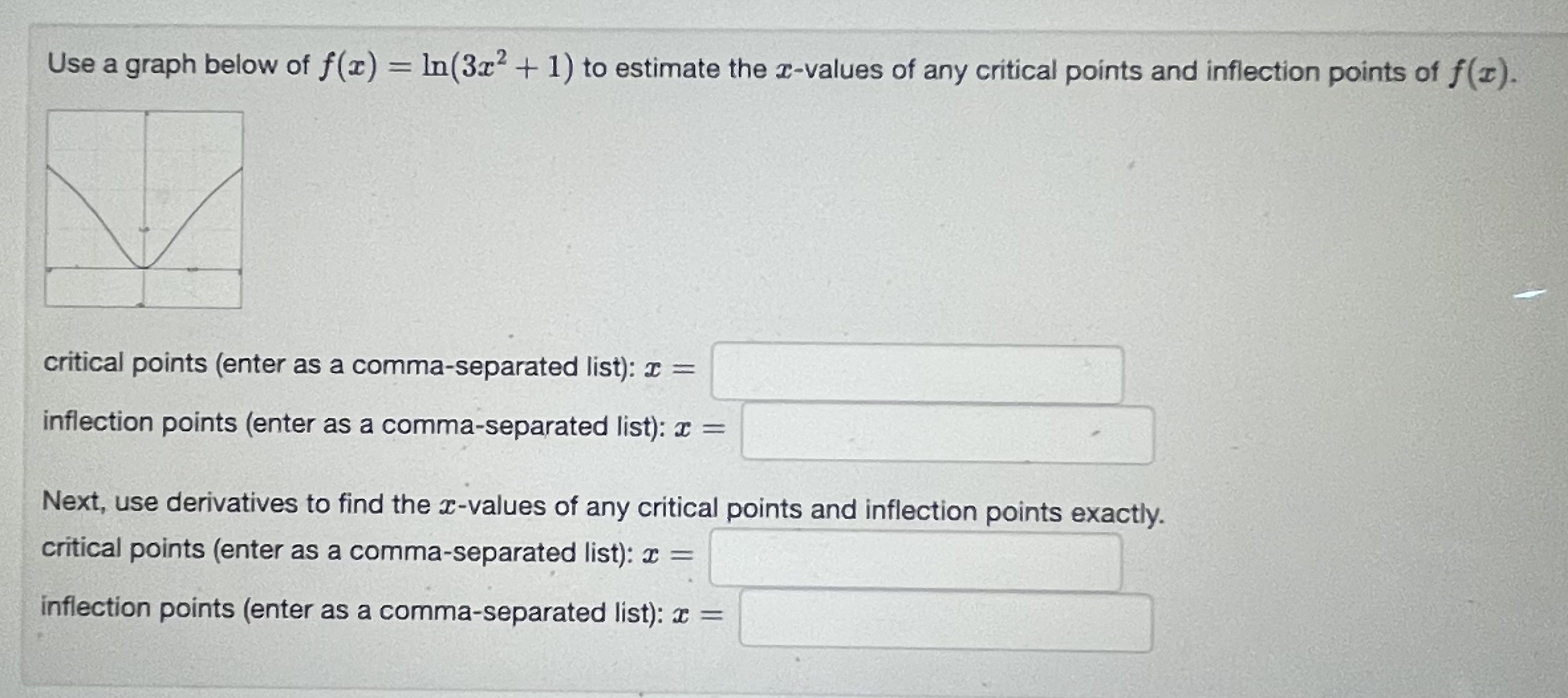 Solved Use a graph below of f(x)=ln(3x2+1) ﻿to estimate the | Chegg.com