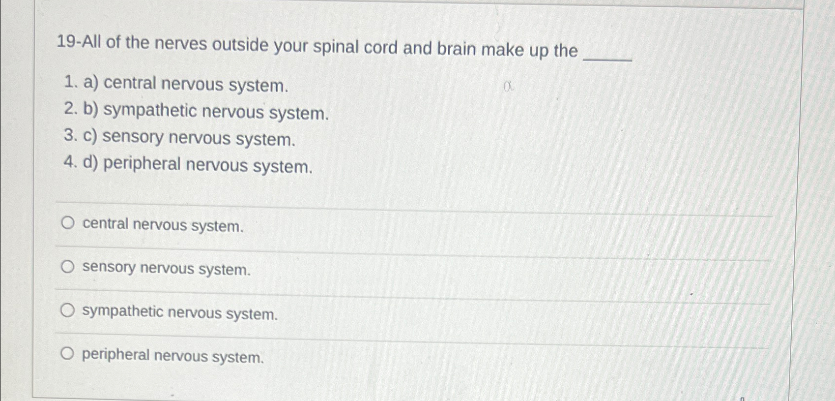 Solved 19-All of the nerves outside your spinal cord and | Chegg.com