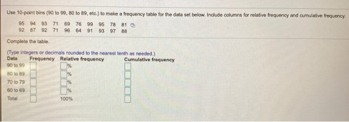 Solved Use 10-point bins (90 to 99, 80 to 89, etc.) to make | Chegg.com