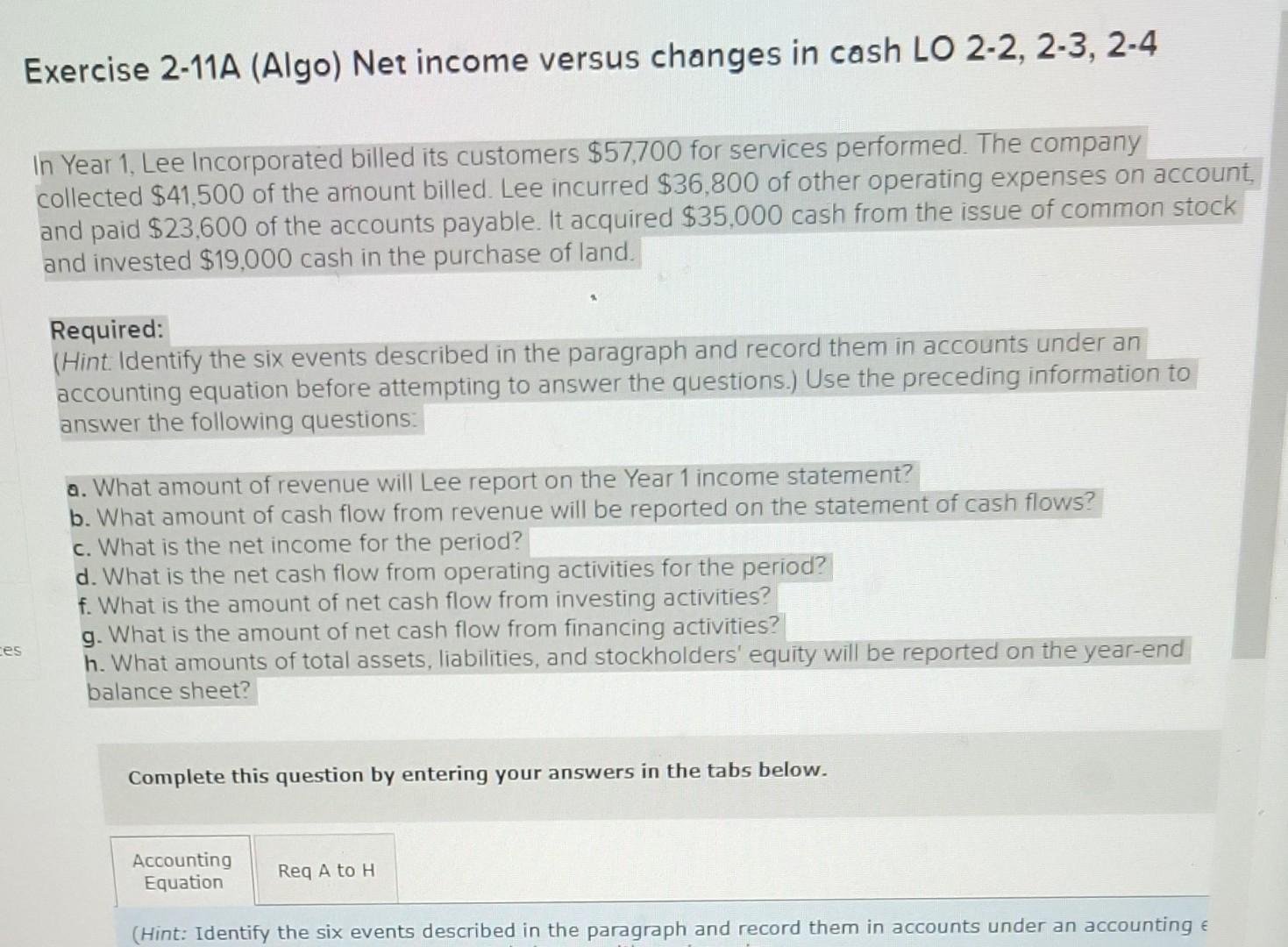 Solved Exercise 2-11A (Algo) Net income versus changes in | Chegg.com