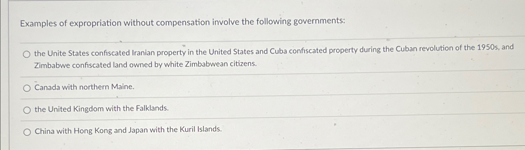 Solved Examples of expropriation without compensation | Chegg.com