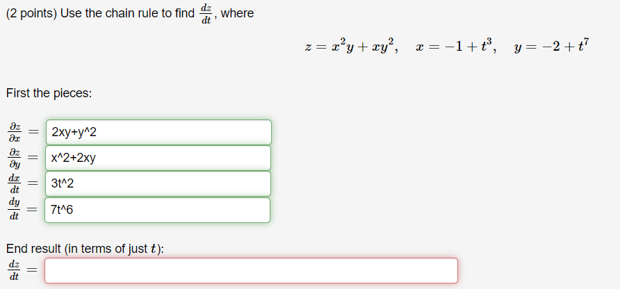 Solved ( 2 ﻿points) ﻿Use the chain rule to find dzdt, | Chegg.com