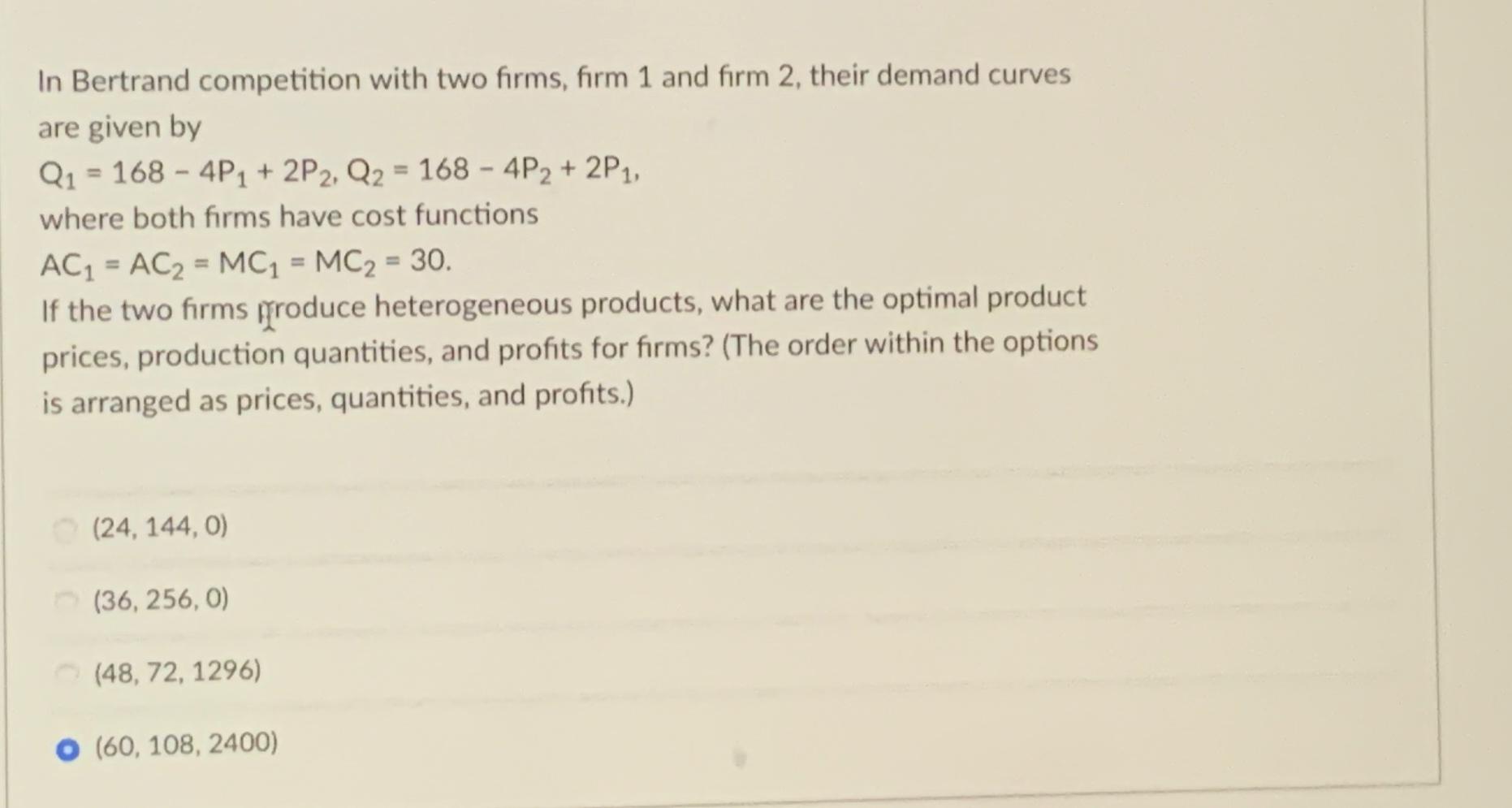 Solved In Bertrand competition with two firms, firm 1 ﻿and | Chegg.com
