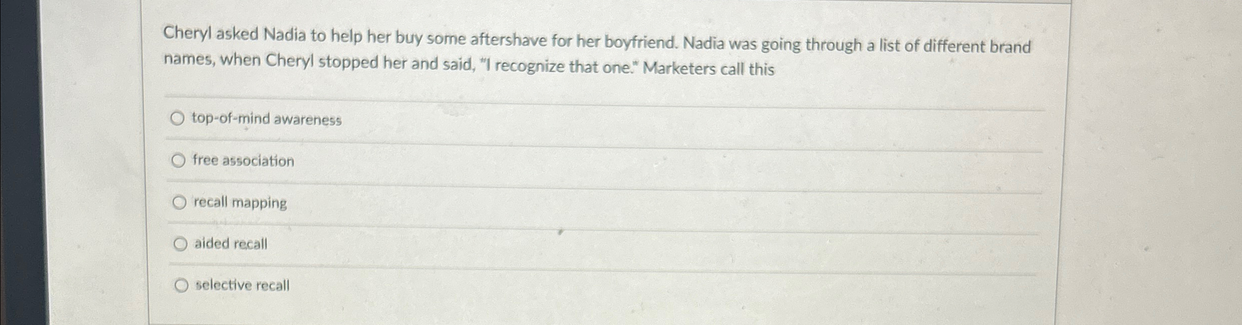 Solved Cheryl asked Nadia to help her buy some aftershave | Chegg.com