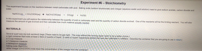 Solved Experiment #6 - Stoichiometry This experiment focuses | Chegg.com
