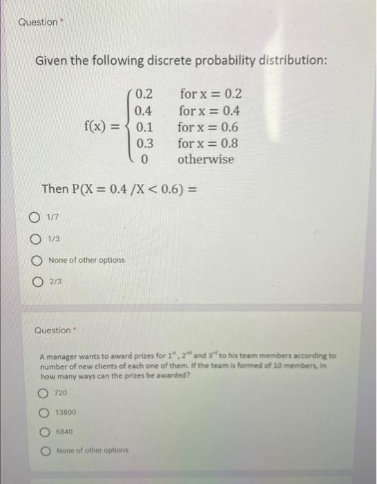 Solved Question Given the following discrete probability | Chegg.com