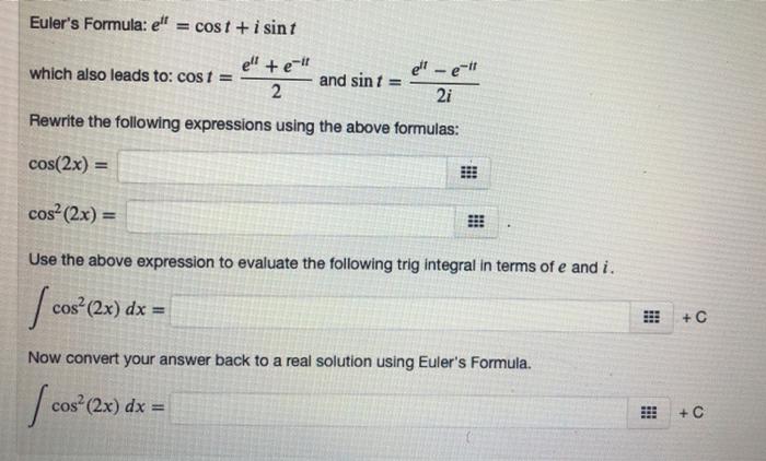 Solved Euler's Formula: el = cost + i sint el + e- elle- | Chegg.com