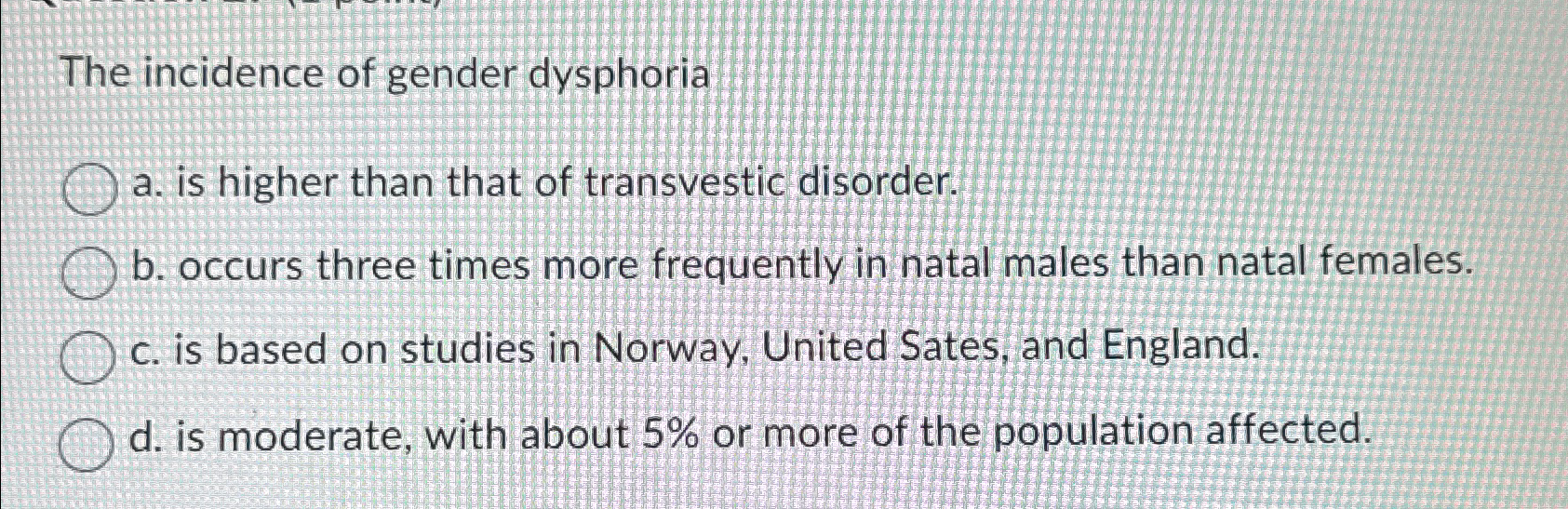 Solved The incidence of gender dysphoriaa. ﻿is higher than | Chegg.com
