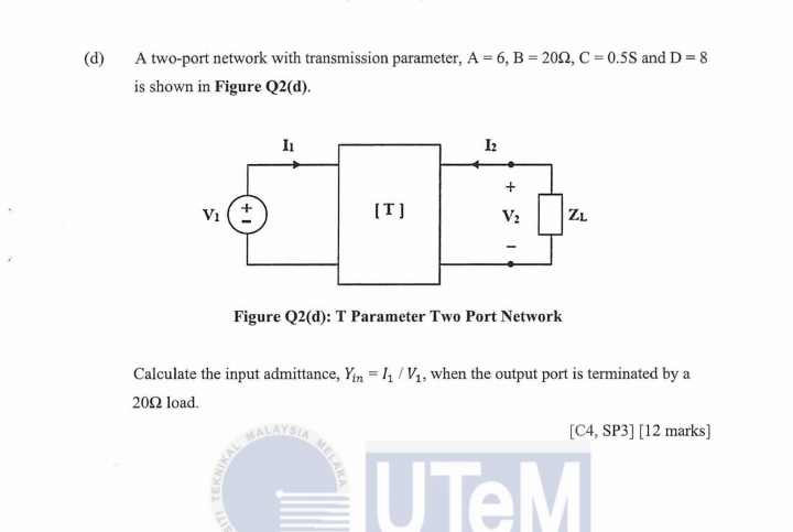 Solved (d) ﻿A two-port network with transmission parameter, | Chegg.com