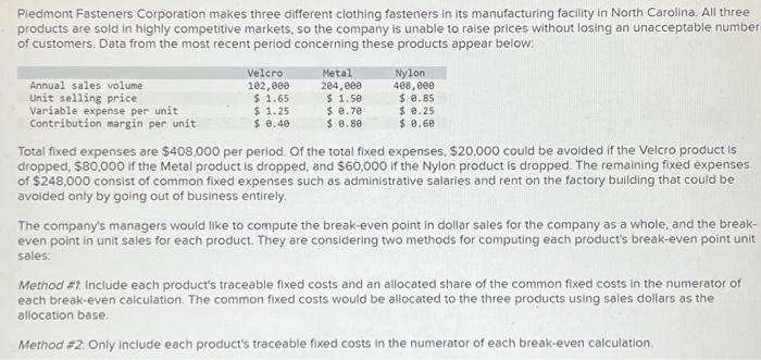 Solved Piedmont Fasteners Corporation makes three different | Chegg.com