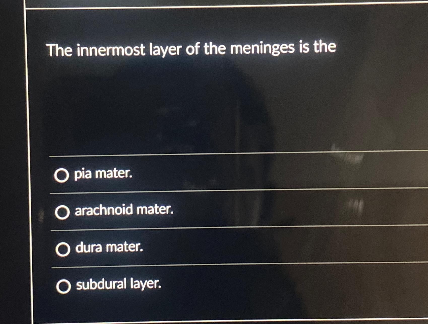 Solved The innermost layer of the meninges is thepia | Chegg.com