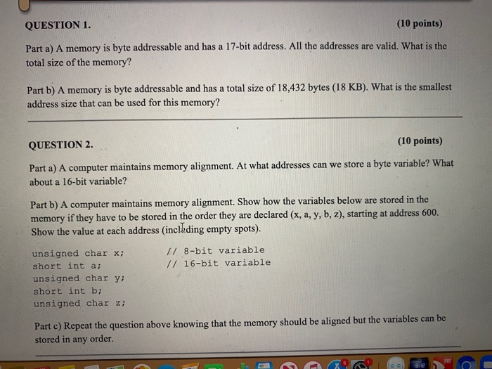Solved Question 1 10 Points Part A A Memory Is Byte