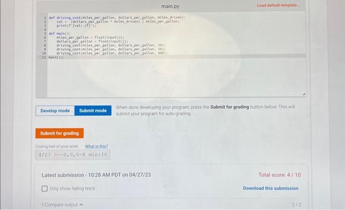 4.19 LAB: Driving costs - functions Write a function | Chegg.com
