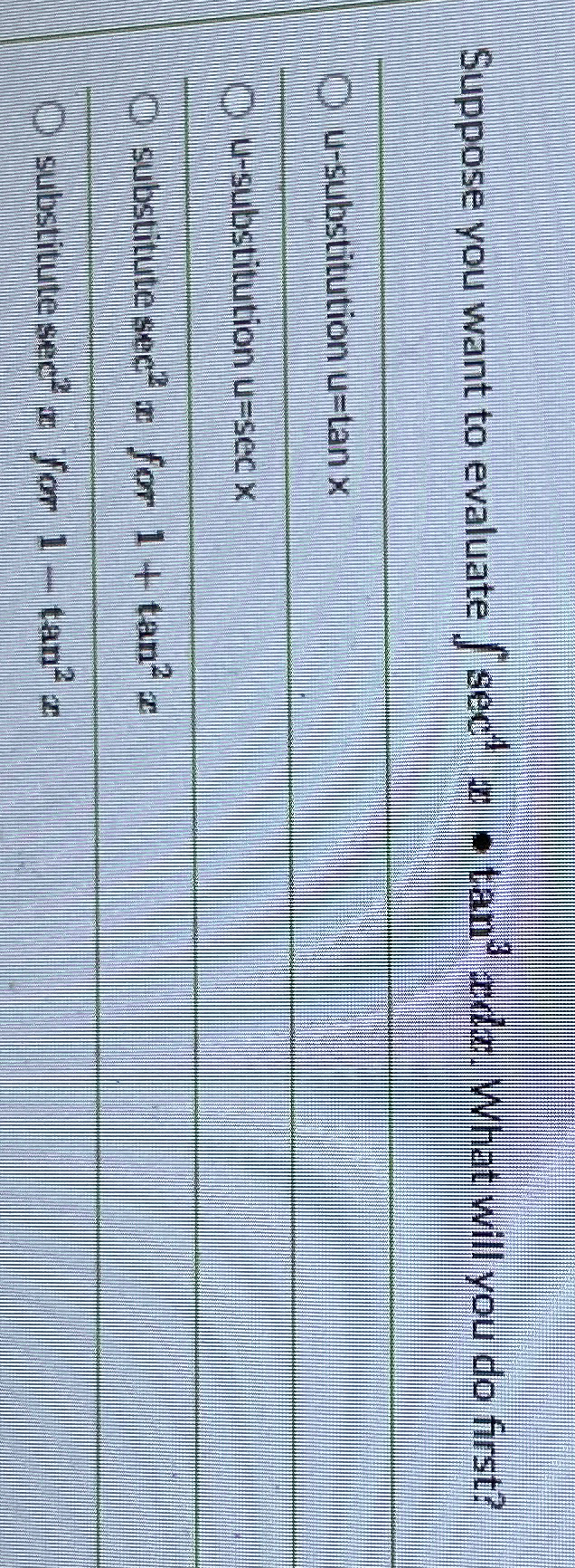 Solved Suppose you want to evaluate ∫sec4x*tan3xdx. What | Chegg.com Solved Suppose you want to evaluate ∫sec4x*tan3xdx. What | Chegg.com