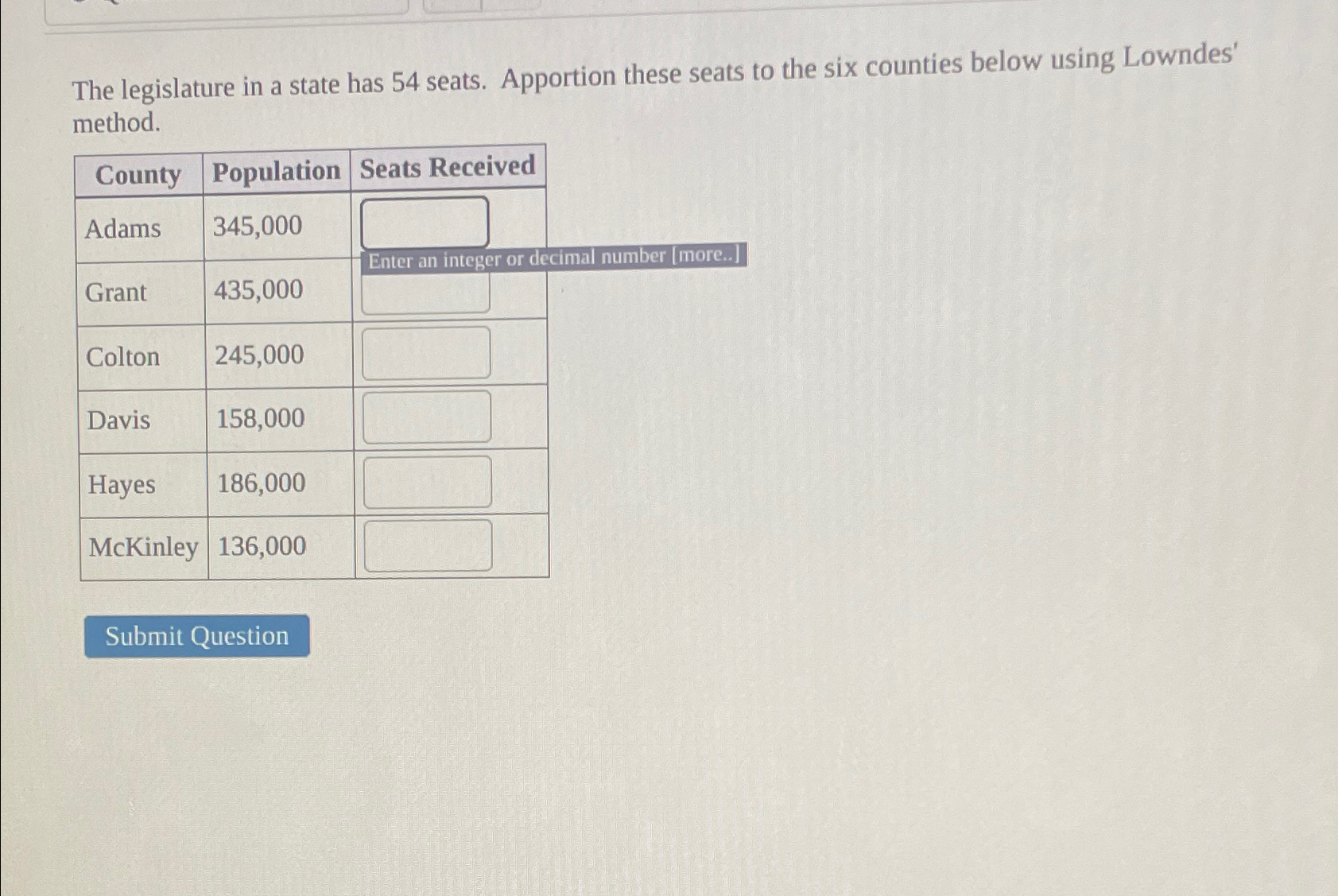 Solved The legislature in a state has 54 ﻿seats. Apportion | Chegg.com