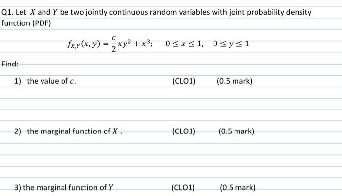 Solved Q1. Let X and Y be two jointly continuous random | Chegg.com