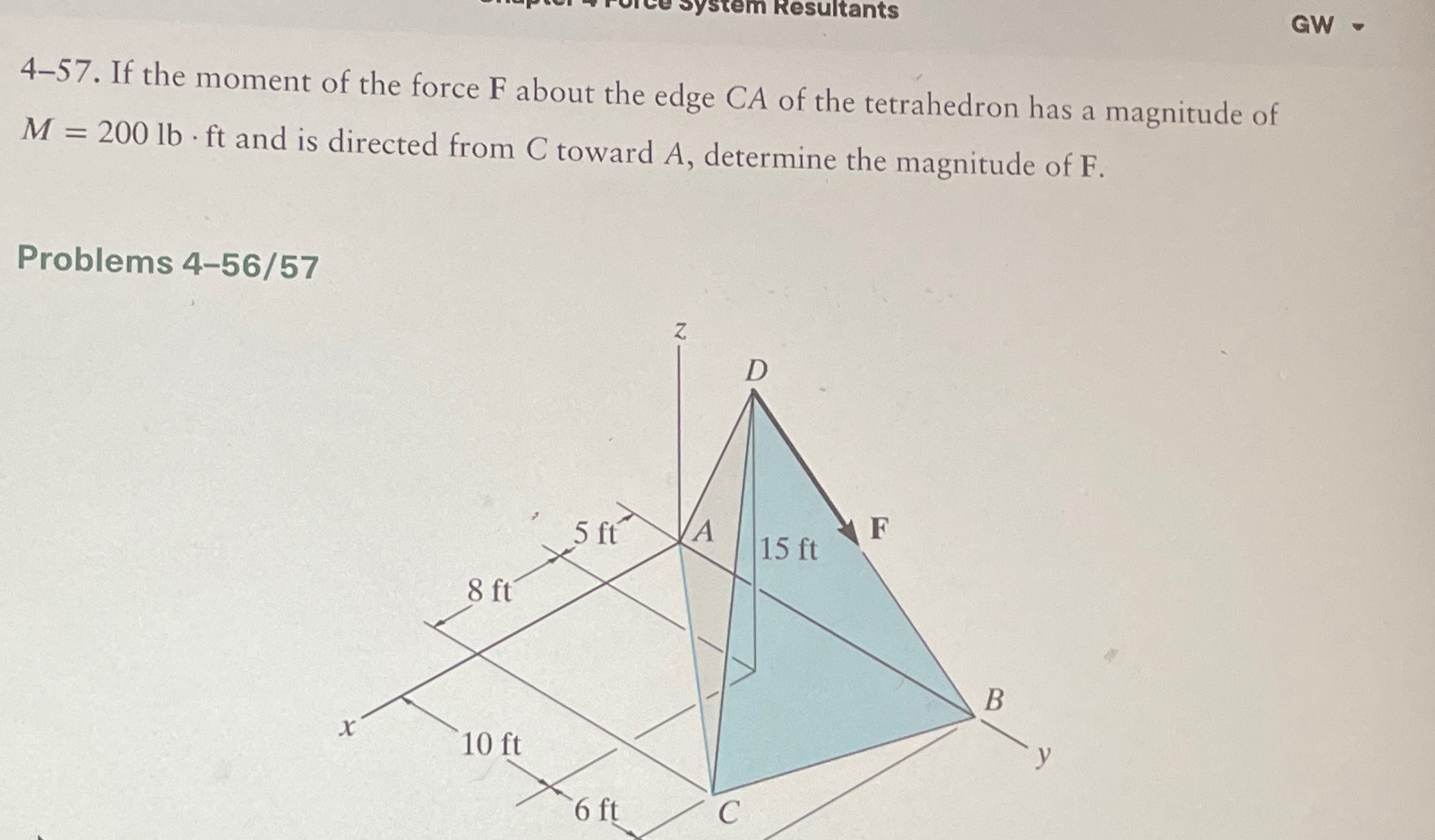 Solved 4-57. ﻿If the moment of the force F ﻿about the edge | Chegg.com