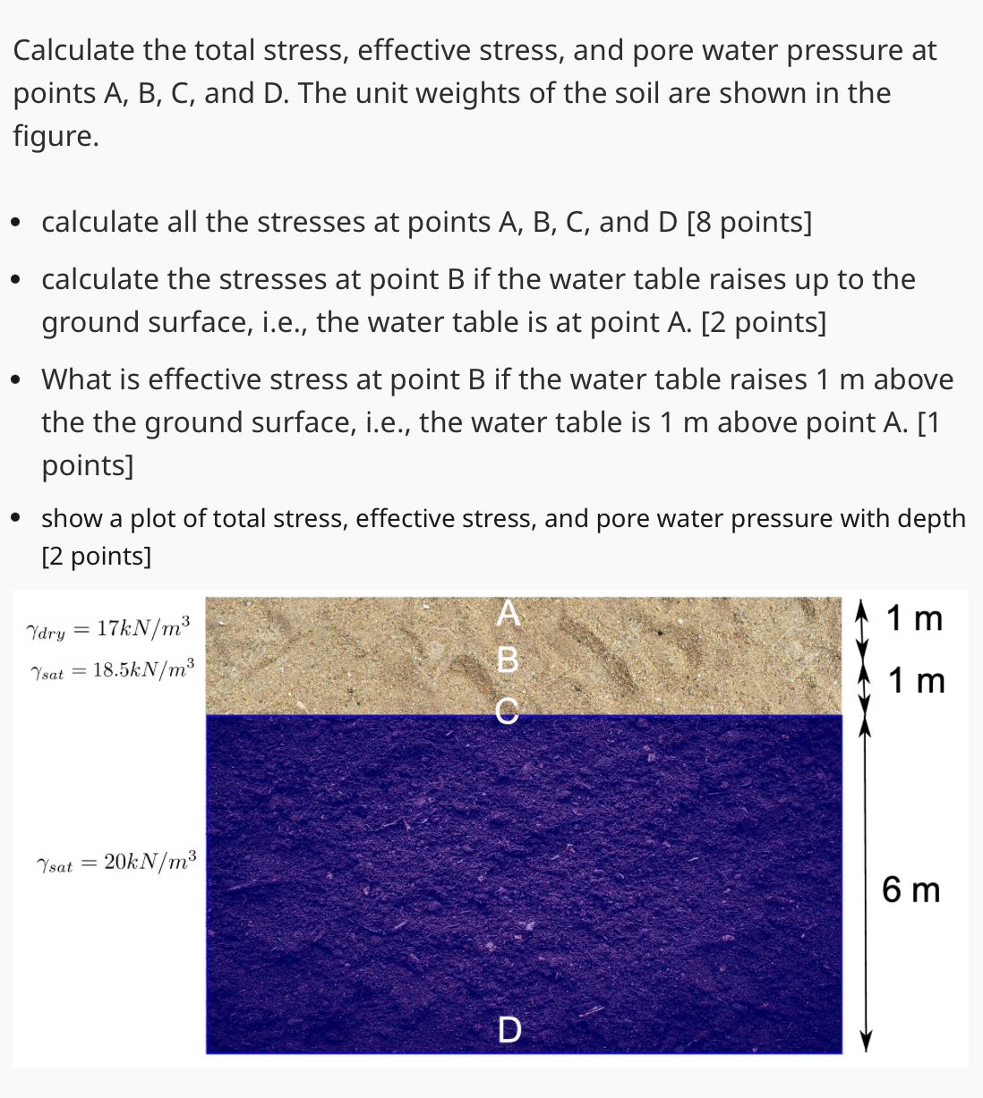 Solved Calculate the total stress, effective stress, and | Chegg.com