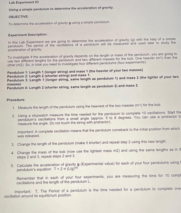 Solved Lab Experiment 03 Using a simple pendulum to | Chegg.com