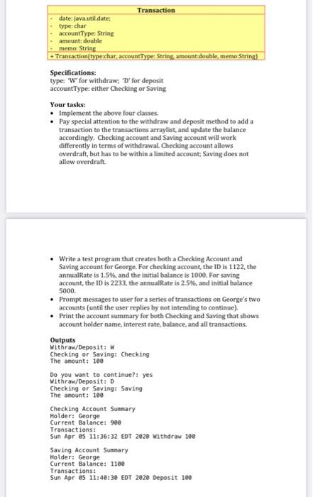 Solved Problem 3: Account Classes and Transaction class | Chegg.com