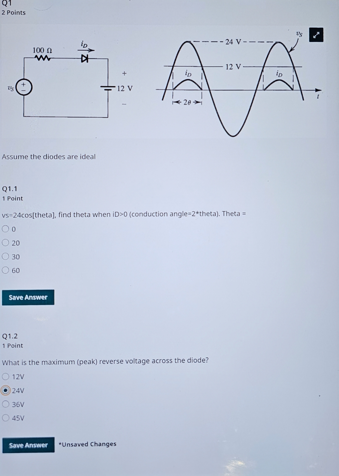 Solved Assume the diodes are idealQ1.11 ﻿Pointvs theta], | Chegg.com