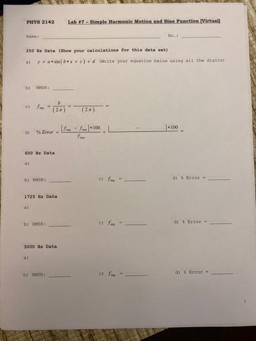 PHYS 2142 Lab #7 - Simple Harmonic Motion and Sine | Chegg.com