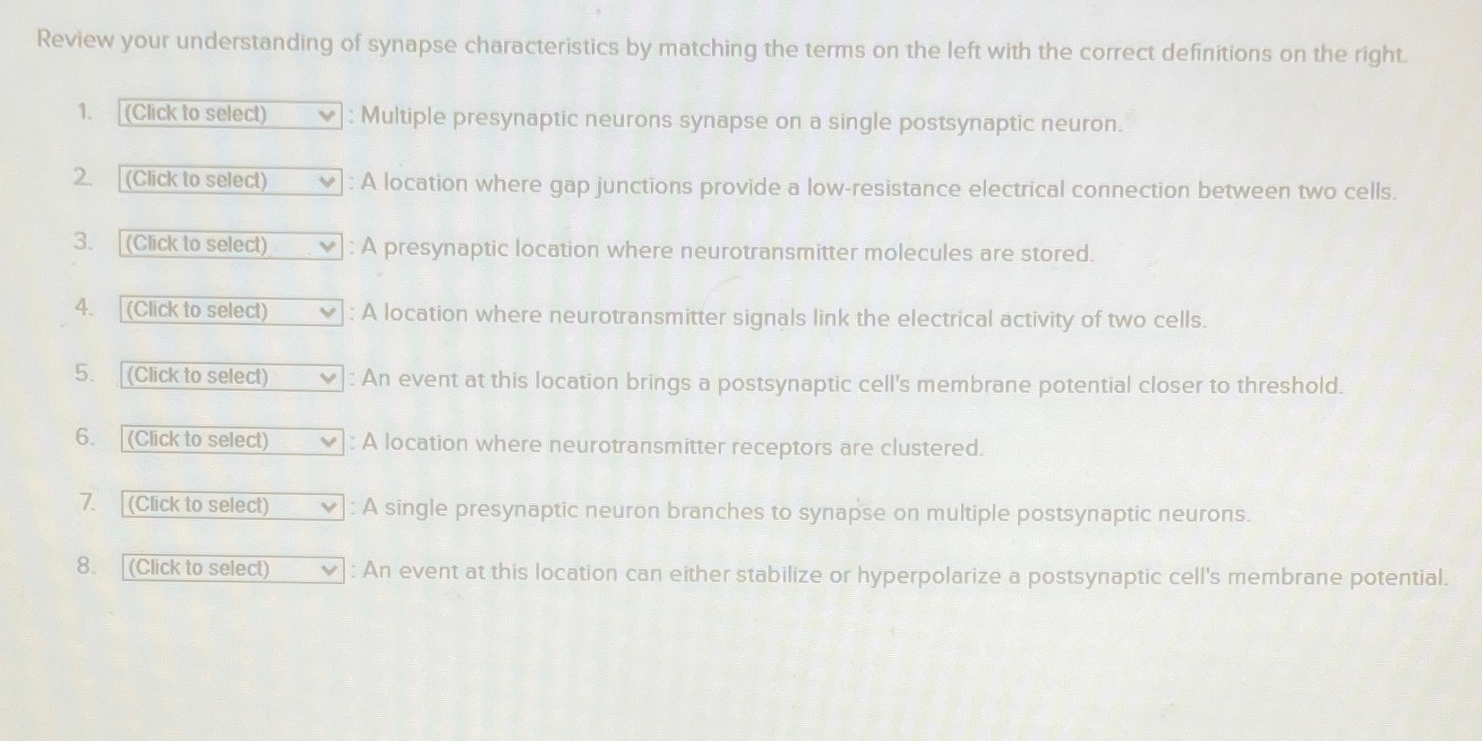 Solved Review your understanding of synapse characteristics | Chegg.com